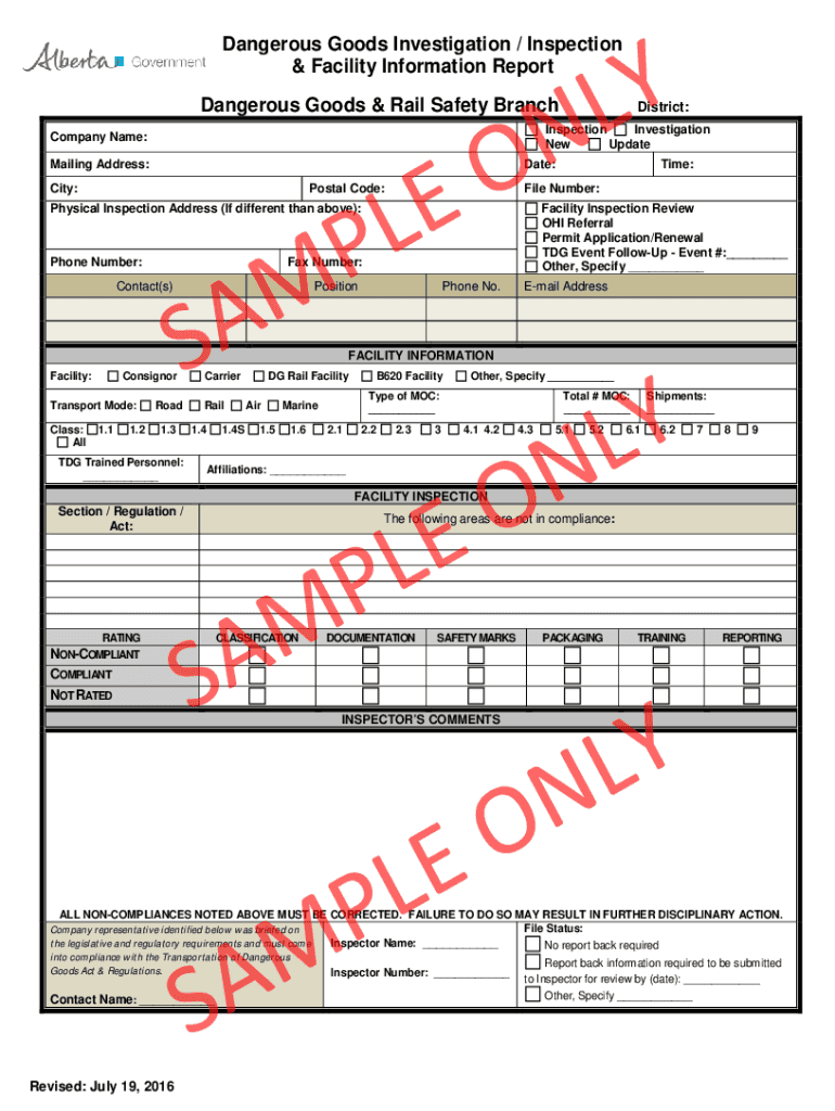 Fillable Online Dangerous Goods Investigation / Inspection and Facility ...