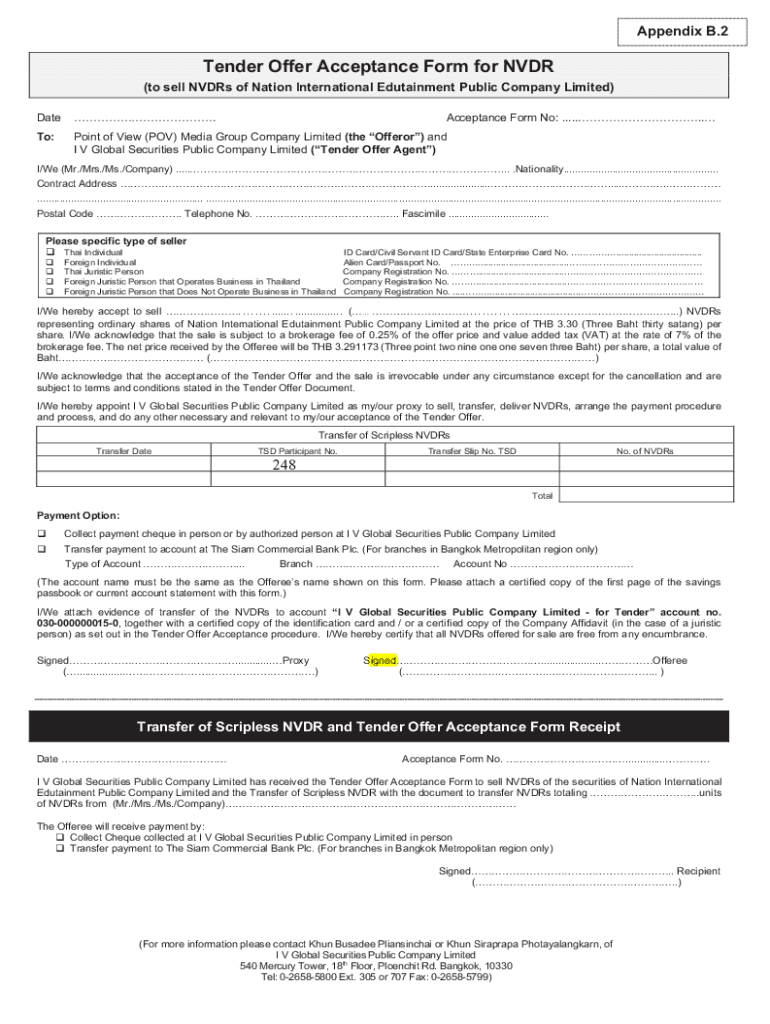 Fillable Online Appendix E Tender Offer Procedures and Forms for NVDR 1 ...
