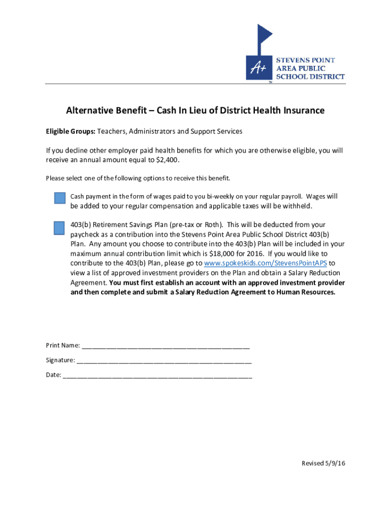Fillable Online Alternative Benefit - Cash in Lieu Enrollment Form Fax ...