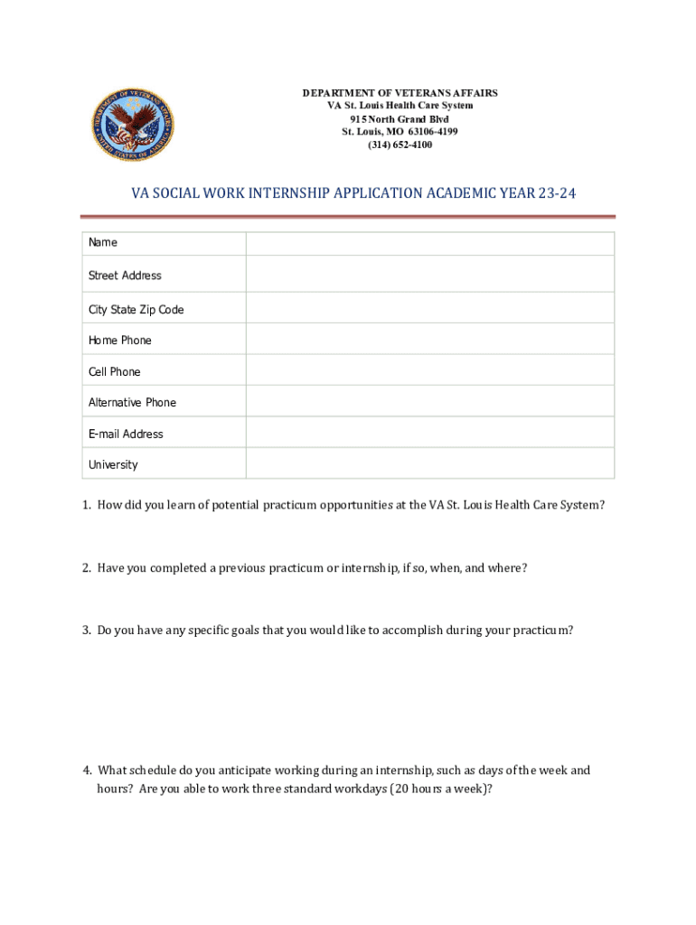 Fillable Online VA SOCIAL WORK INTERNSHIP APPLICATION ACADEMIC ... Fax ...