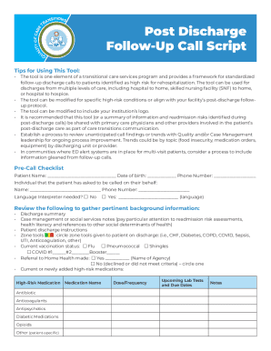 Fillable Online Post Discharge Follow-Up Call ScriptAlliant Quality Fax ...
