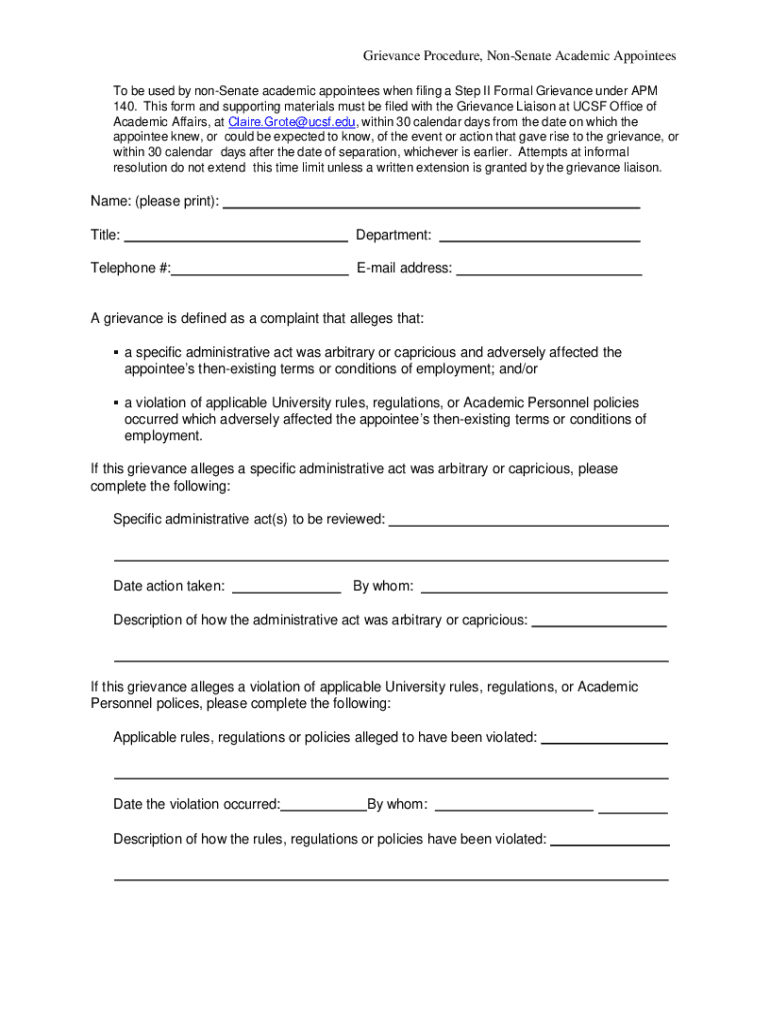 Fillable Online APM 140 Non-Senate Academic Appointees Fillable Grievance Form Fax Email Print ...