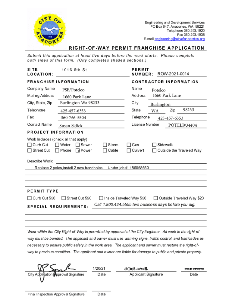 Fillable Online Right-Of-Way Permit Application Franchise.doc Fax Email ...