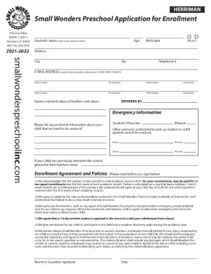 Fillable Online Small Wonders Preschool Application for Enrollment Fax Email Print - pdfFiller
