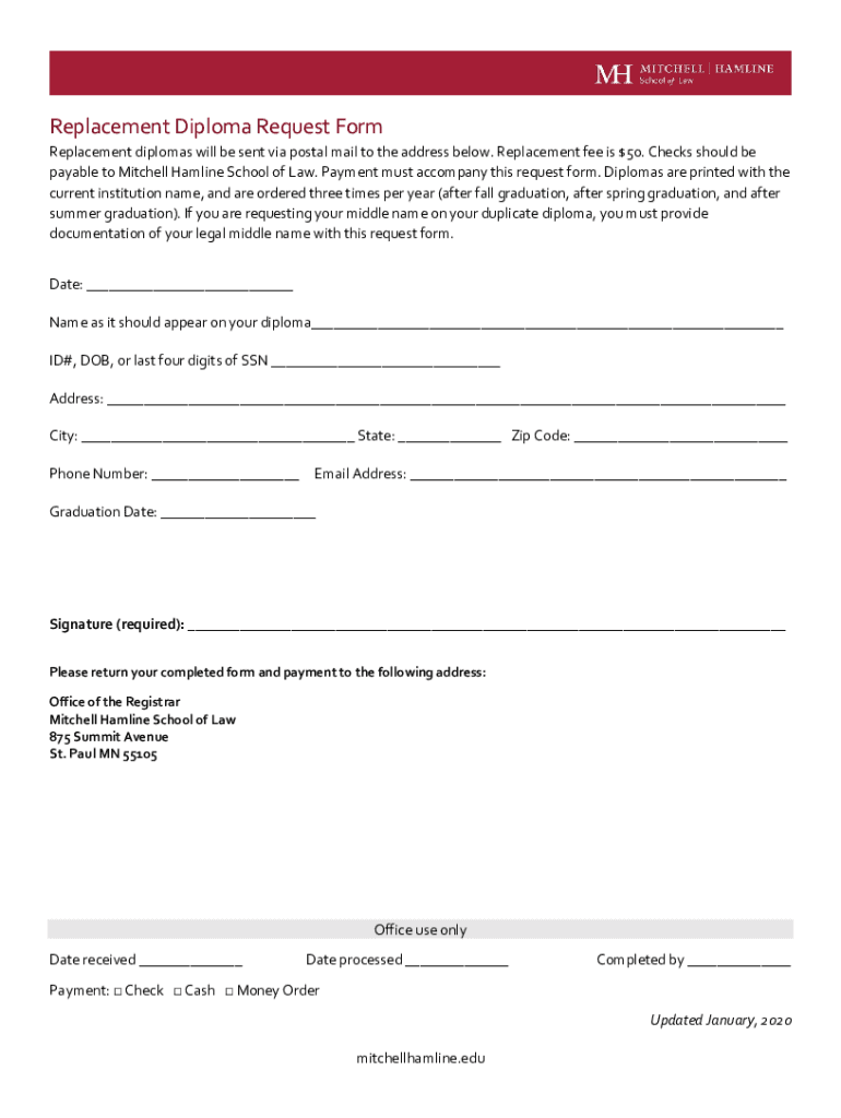 Fillable Online Replacement Diploma Request Form-Updated January 2020 ...