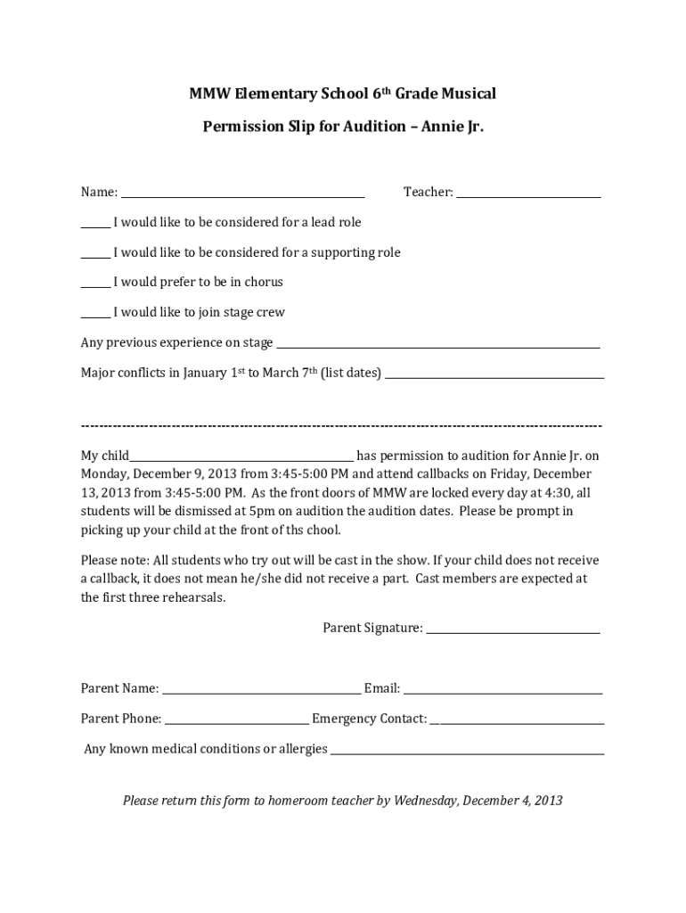 Fillable Online Lyons Mill's Spring Musical Audition Permission Form ...