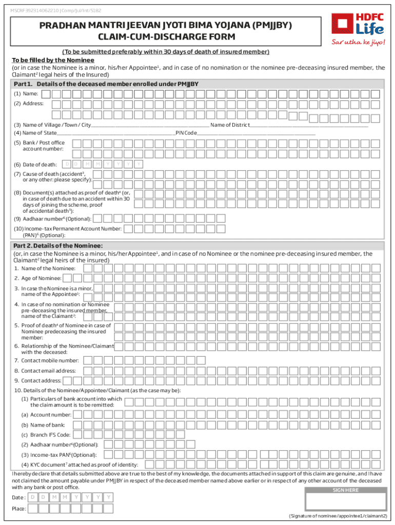 Fillable Online 080880022 Pradhan Mantri Jeevan Jyoti Bima Yojana Claim ...