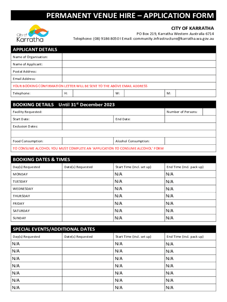 Fillable Online PERMANENT VENUE HIREAPPLICATION FORM Fax Email Print ...