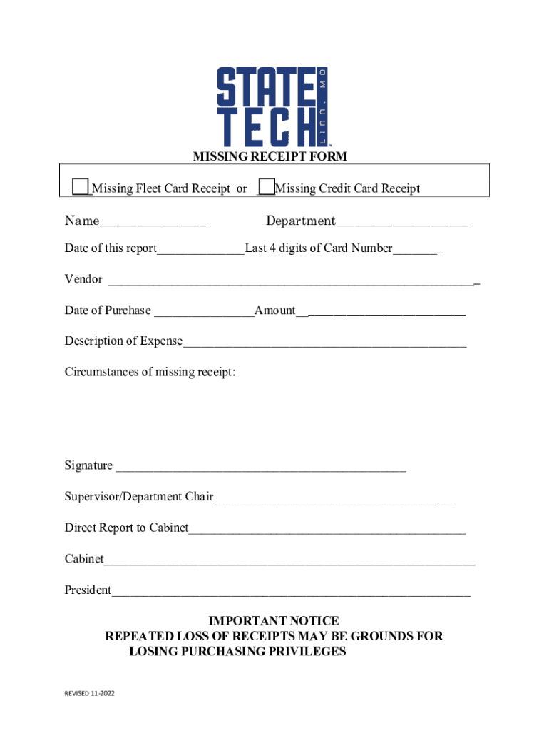 Fillable Online Purchasing Card Missing Receipt Form - Cabrini ...