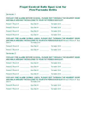 Fillable Online Floyd Central Safe Spot List for Fire/Tornado Drills ...