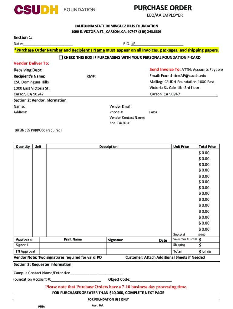 Fillable Online PURCHASE ORDERCSUDH Foundation Fax Email Print - pdfFiller