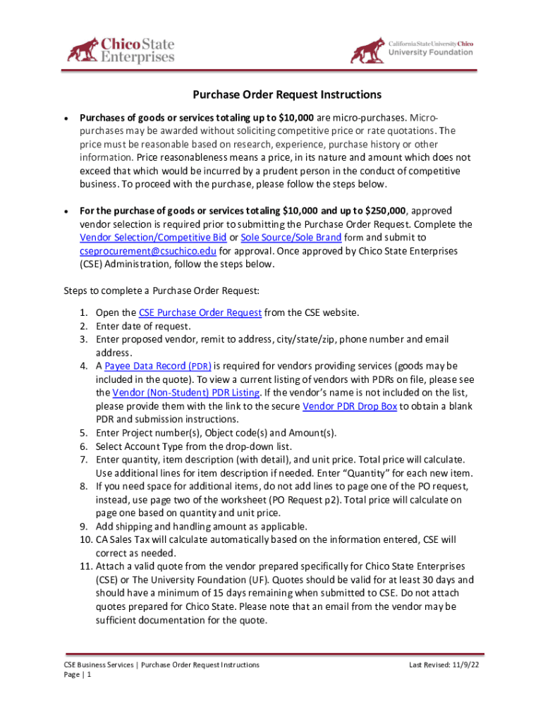 Fillable Online Purchase Order Request Instructions - Chico State Fax Email Print - pdfFiller