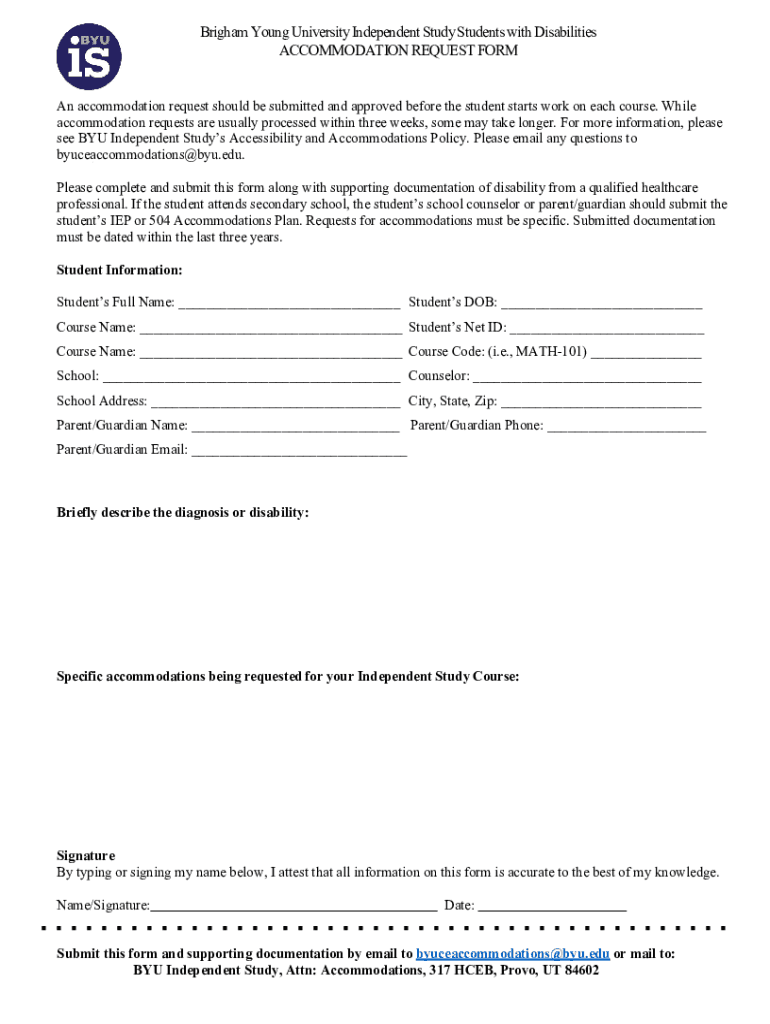 Fillable Online Accommodation Request Form - BYU Independent Study Fax ...