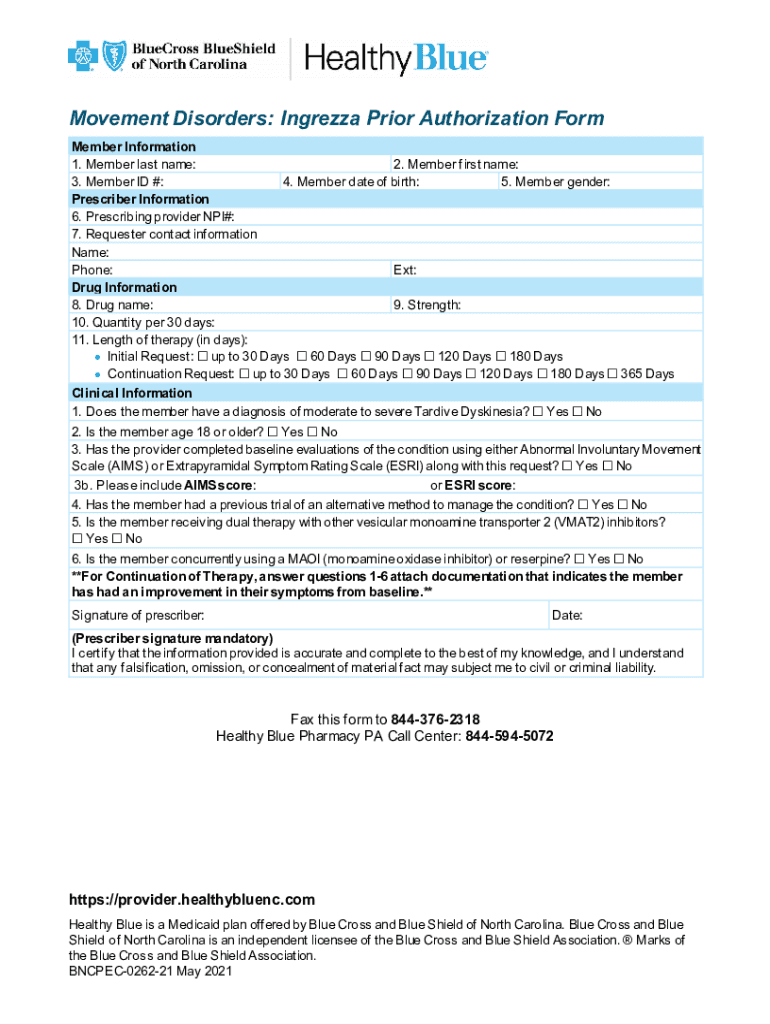 Fillable Online Movement Disorders: Ingrezza Prior Authorization Form ...