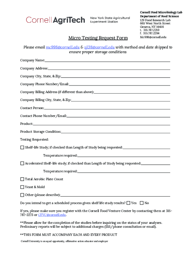 Fillable Online blogs cornell Micro Testing Request Form Fax Email ...