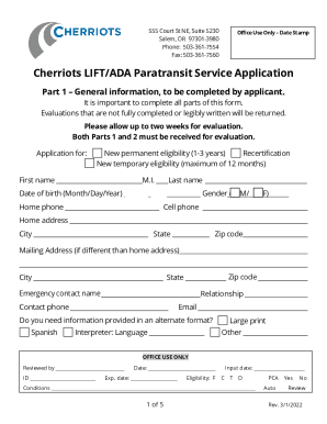 Fillable Online Cherriots LIFT/ADA Paratransit Service Application ...