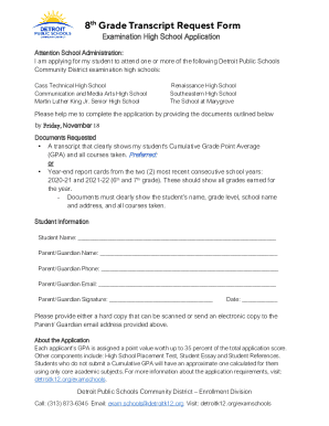 Fillable Online 8th Grade Transcript Request Form - Examination High ...