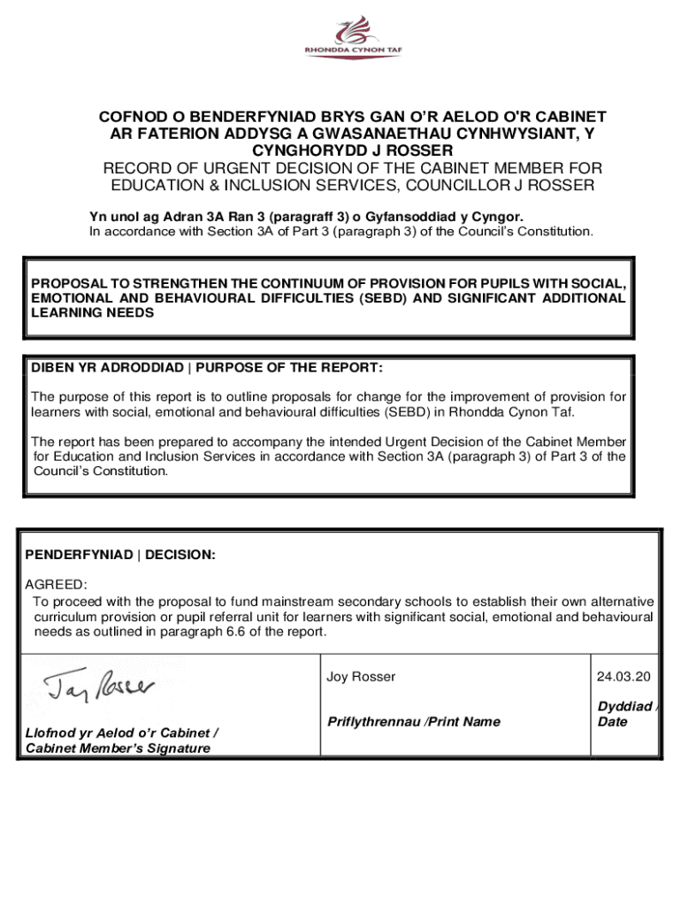 Fillable Online cofnod o benderfyniad brys gan o'r aelod o'r cabinet ...