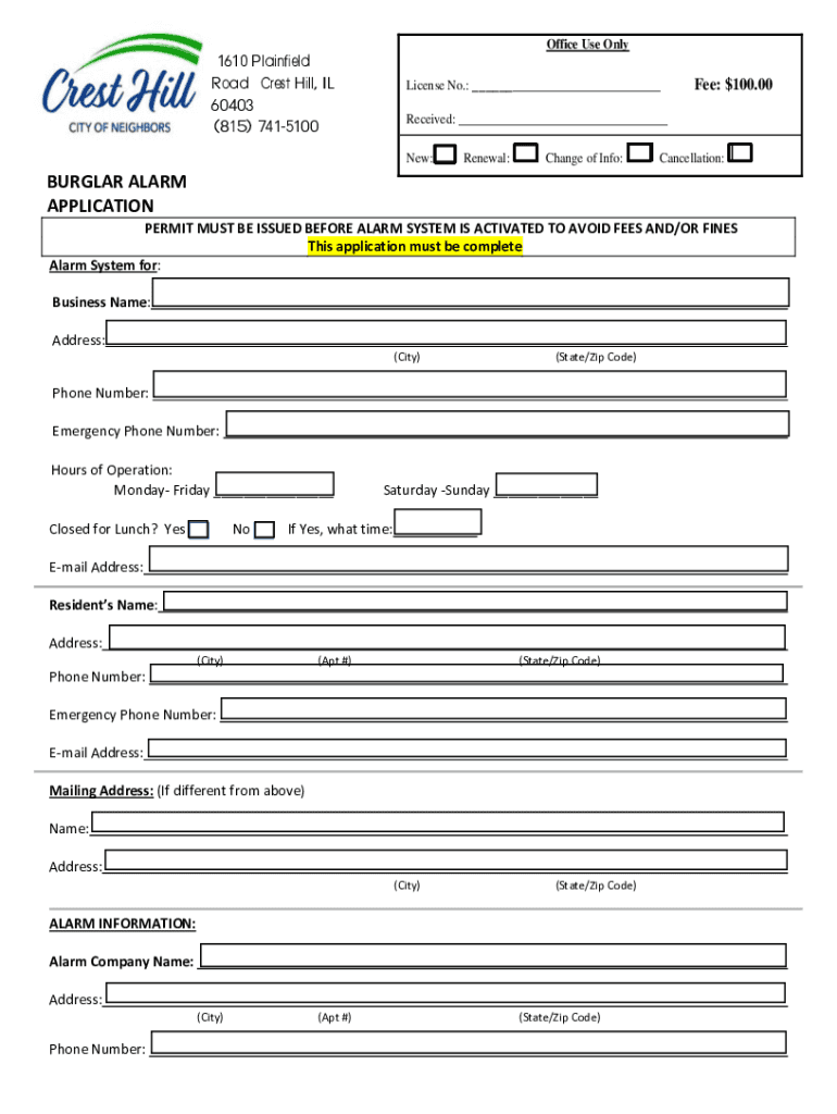 Fillable Online BURGLAR ALARM APPLICATION Fax Email Print - pdfFiller