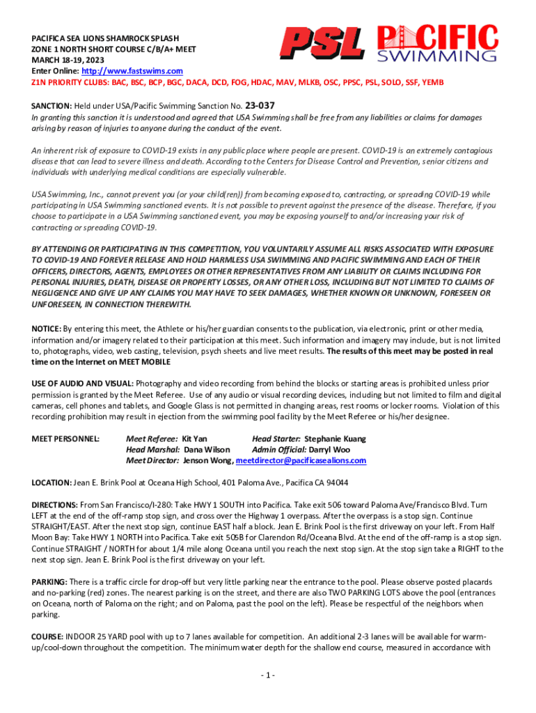 Fillable Online Pacifica Sea Lions Aquatics Club - the Swim Connection ...