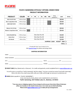 Fillable Online Pacific Swimming Officials' Apparel Order Form Fax ...
