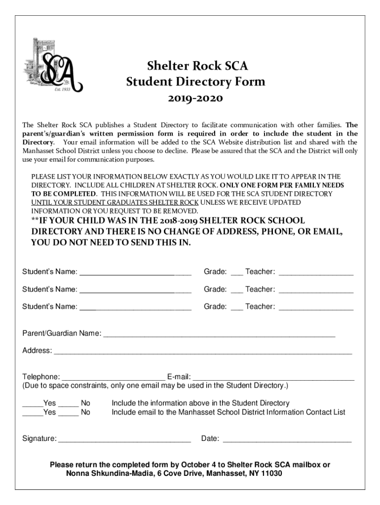 Fillable Online Shelter Rock SCA Student Directory Form 20162017 Fax ...