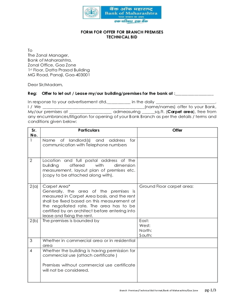 Fillable Online form for offer for branch premises - Bank of ...