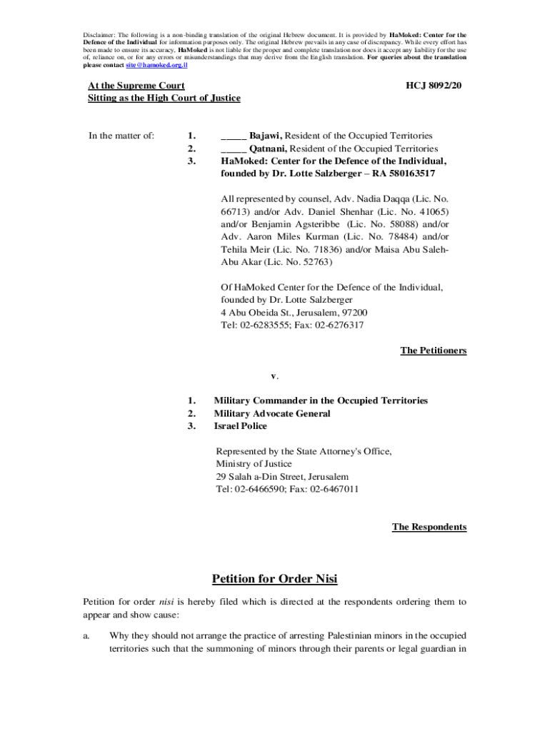 Fillable Online Petition for Order Nisi - HaMoked Fax Email Print ...