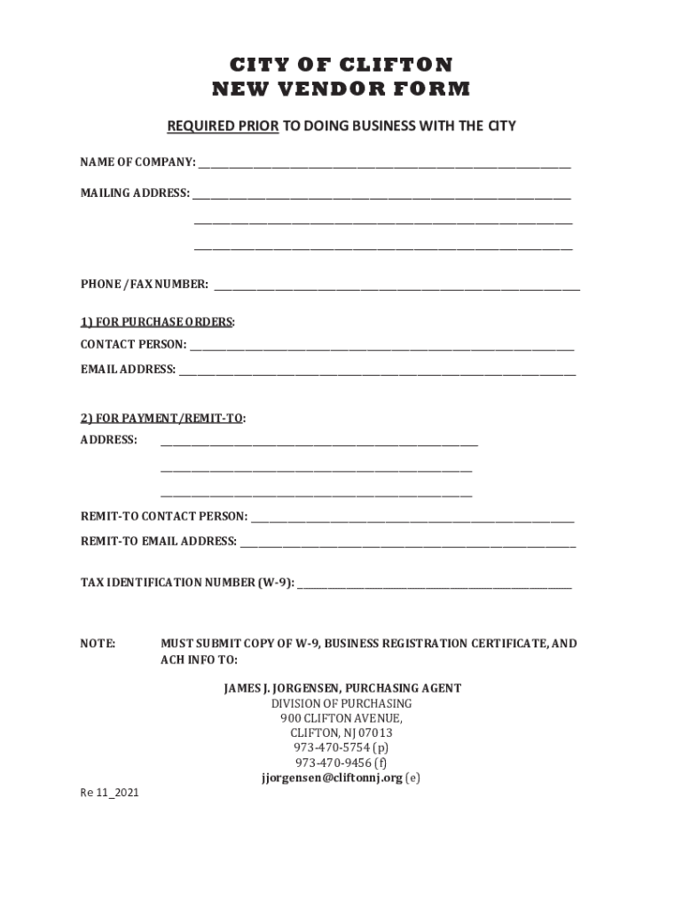 Fillable Online CITY OF CLIFTON NEW VENDOR FORM Fax Email Print - pdfFiller