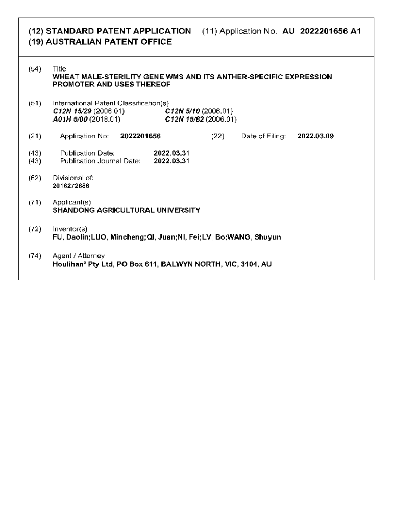 Fillable Online (12) STANDARD PATENT APPLICATION (11) Application No ... Fax Email Print - pdfFiller