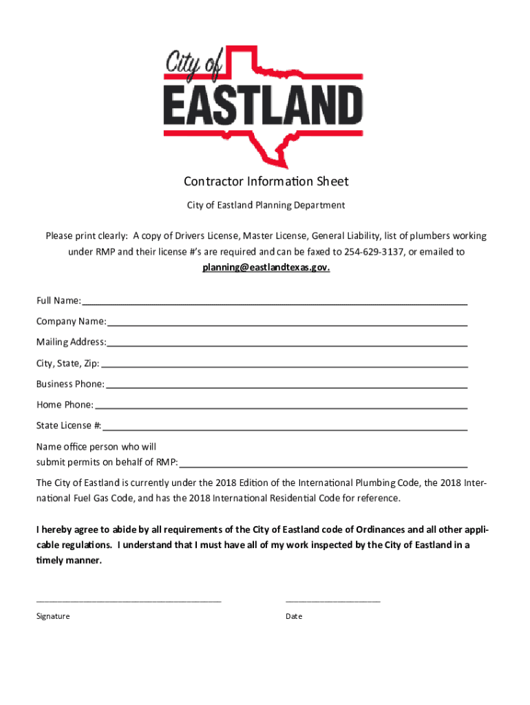Fillable Online Contractor Information Sheet - City of Eastland Fax ...