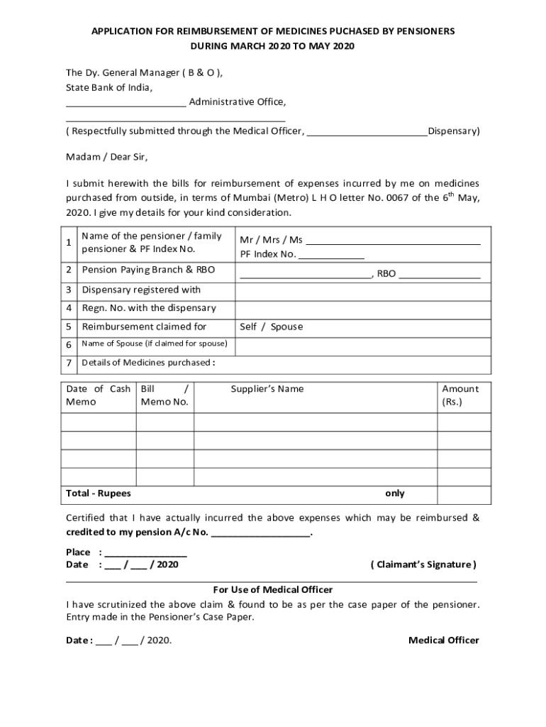 Fillable Online application for reimbursement of medicines puchased by ...
