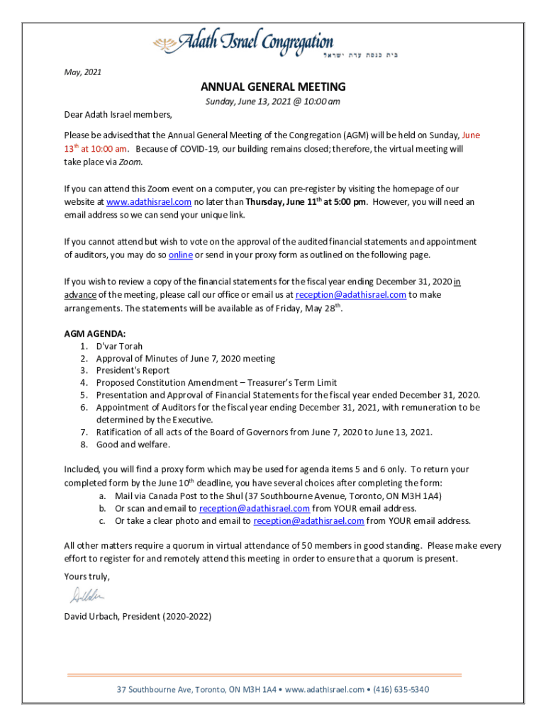 Fillable Online Dear Adath Israel members, Fax Email Print - pdfFiller