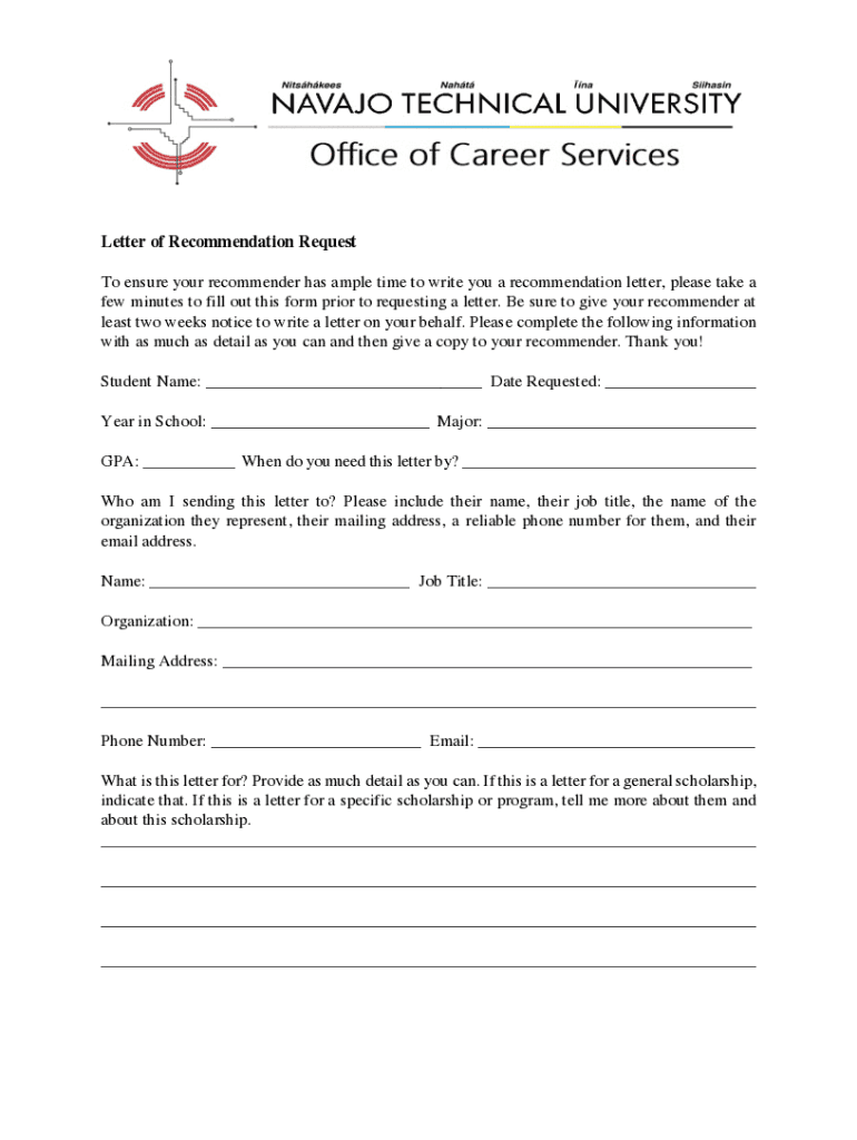 Fillable Online 2018 Letter of Recommendation Request Form Fax Email ...