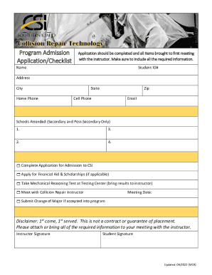 Fillable Online Program Admission Application/Checklist Fax Email Print - pdfFiller