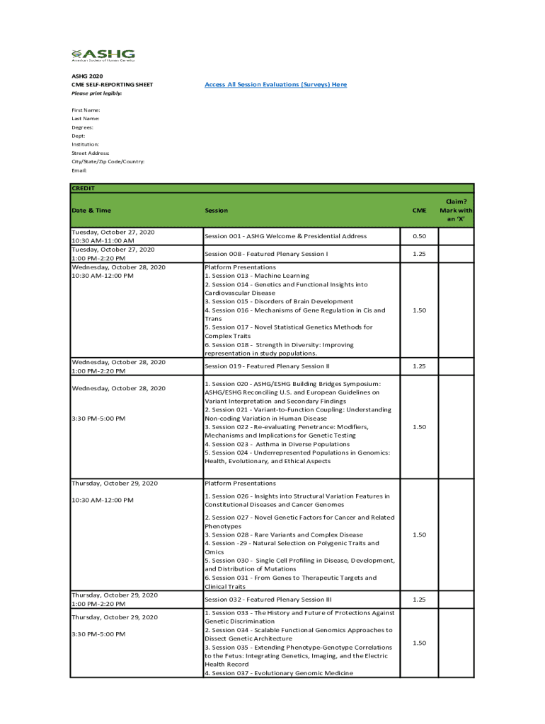 Fillable Online ASHG 2020 PACE SELF-REPORTING SHEET Fax Email Print - pdfFiller