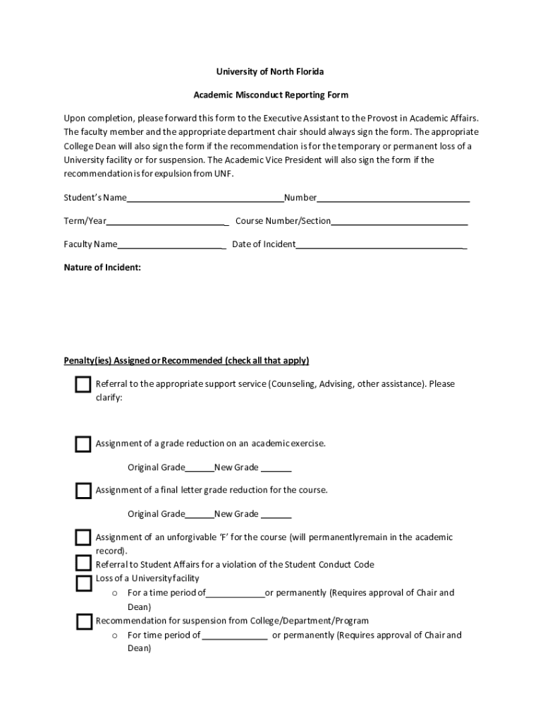Fillable Online University of North Florida Academic Misconduct ...