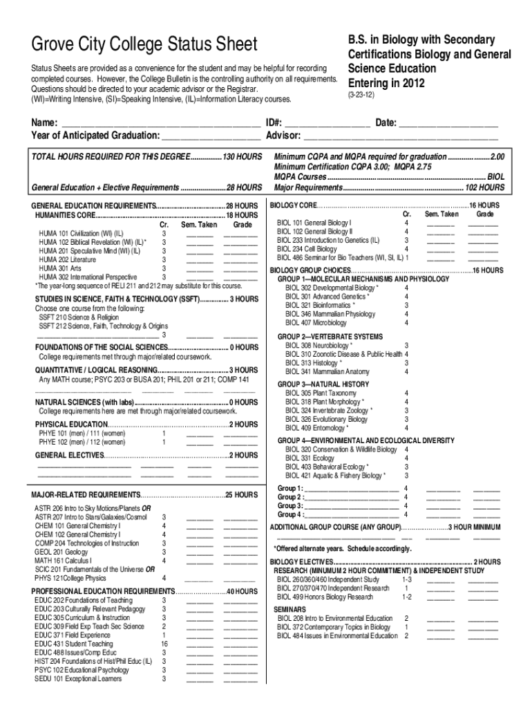 Fillable Online Biology Gen Science Sec. Ed. - Grove City College ...