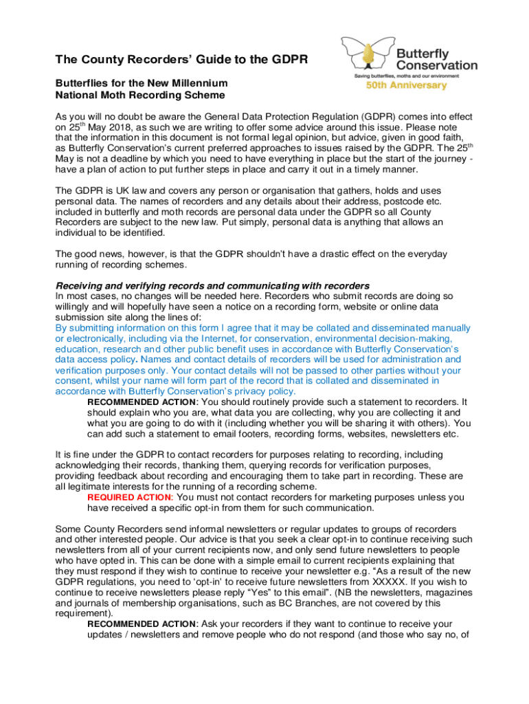 Fillable Online The County Recorders' Guide to the GDPR - Butterfly Conservation Fax Email Print ...