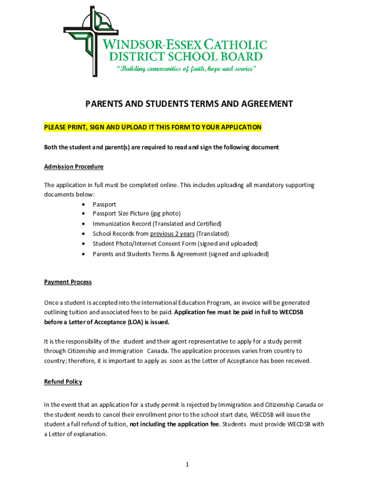 Fillable Online PARENTS AND STUDENTS TERMS AND AGREEMENT Fax Email ...