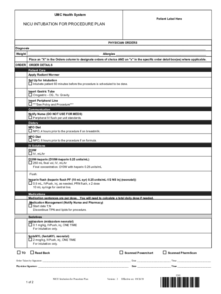 Fillable Online NICU BEDSIDE SEDATION PLAN - UMC Health System Fax ...