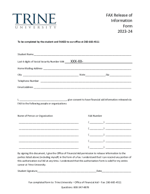 Fillable Online FAX Release of Information Form 2020-21Trine University ...