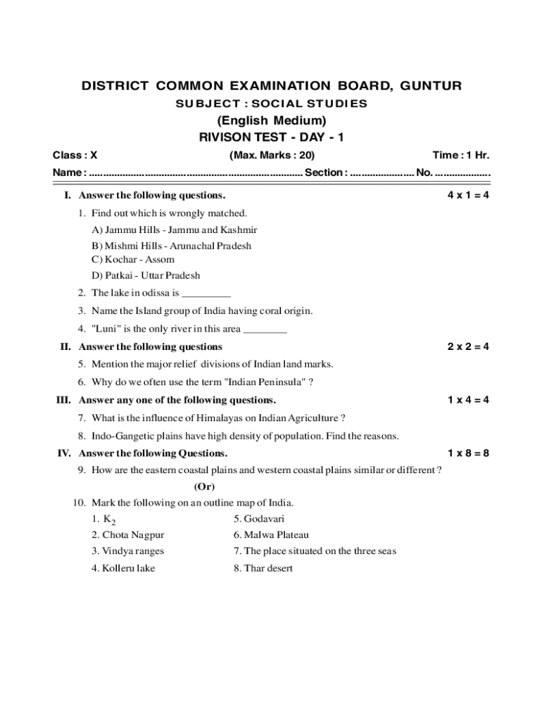 Fillable Online Class 10 Slip / Revision Test Papers for all subjects ...