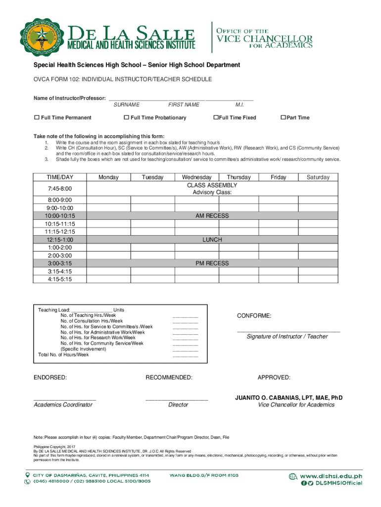 Fillable Online OVCA Form 102B- Individual Instructor Teacher Schedule ... Fax Email Print ...