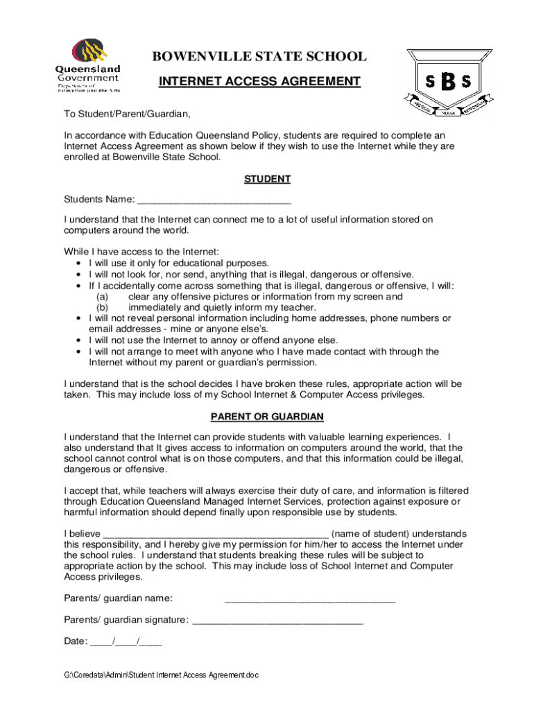 Fillable Online Student Internet Access Agreement - Bowenville State ...