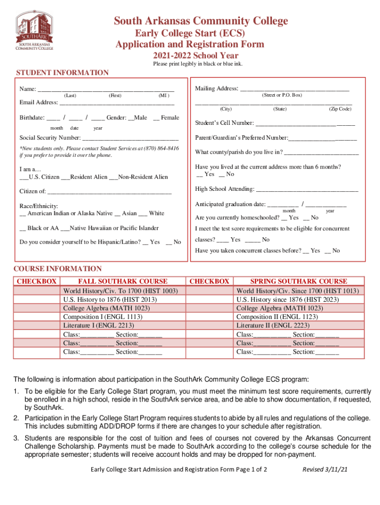 Fillable Online Early College Start (ECS) - Application and Registration Form Fax Email Print ...