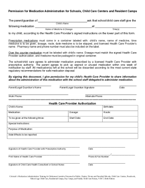 Fillable Online Permission for Medication Administration at School and ...