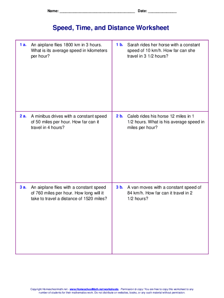 Fillable Online Speed, Time, and Distance Worksheet - Denton ISD Fax ...