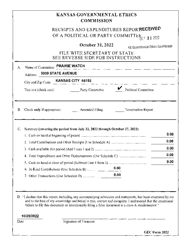 Fillable Online ethics ks RECEIPTS AND EXPENDITURES REPOR'RECEIVED Fax ...