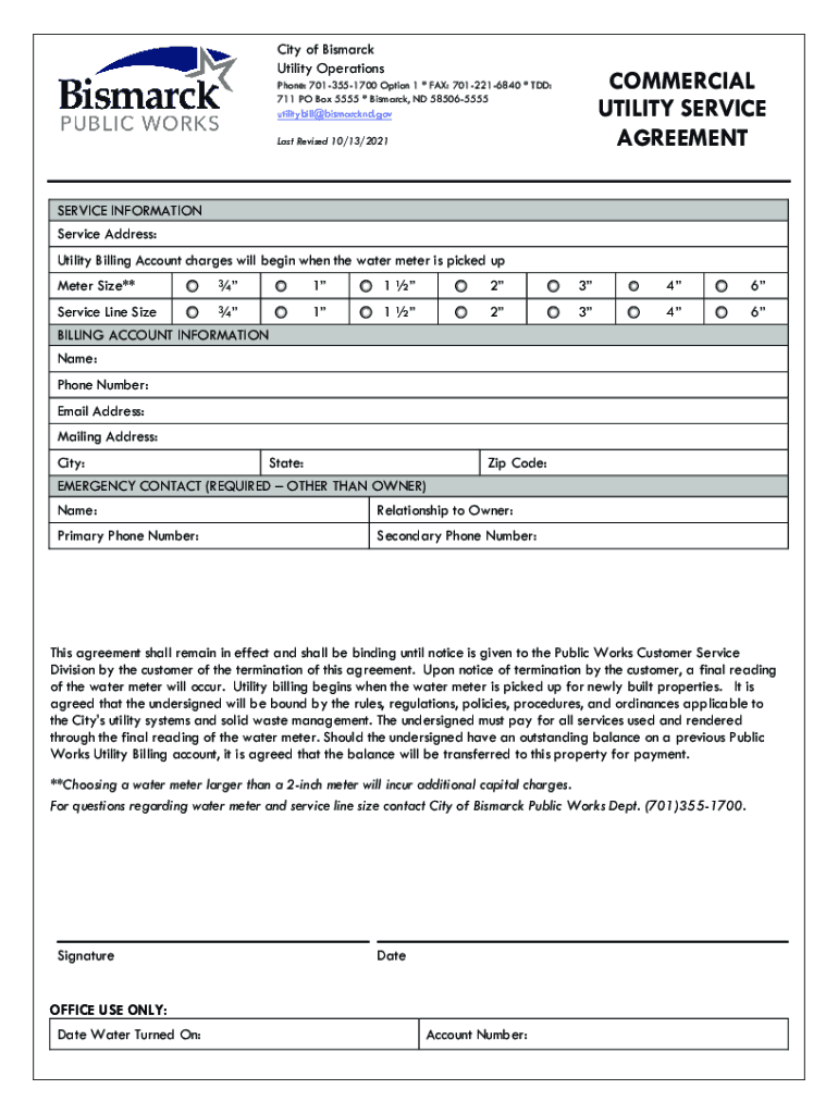 Fillable Online COMMERCIAL UTILITY SERVICE AGREEMENT Bismarck, ND Fax ...